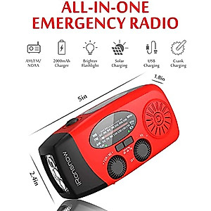 iRonsnow Solar Emergency Hand Crank Weather Radio, Portable Self Powered NOAA AM/FM Radios with SOS Alarm LED Flashlight 2000mAh Power Bank Smart Phone USB Charger for Camping (Red)