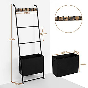 Blanket Ladder with Basket Towel Ladder Blanket Holder with Storage Basket 4 Tier Farmhouse Wall Leaning Ladder Rack with 5 Hanging Hooks for Bathroom Living Room Bedroom Rustic Brown