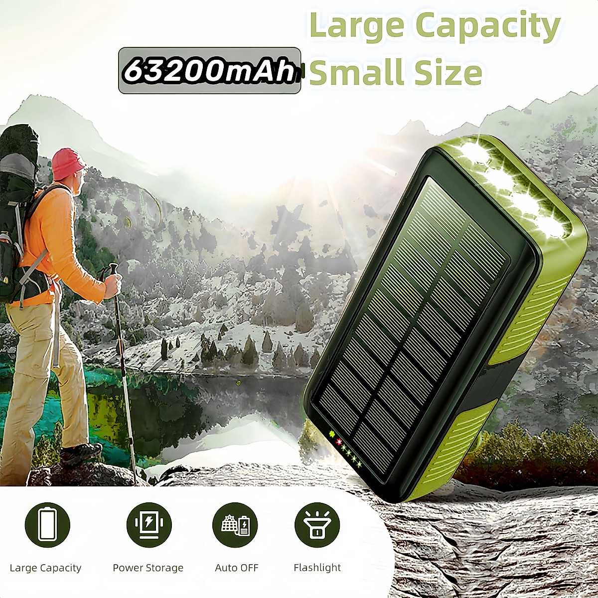 PECUWE Solar Power Bank Charger 63200mAh Hand Crank Fast Charging Power Bank Outputs Inputs Solar Portable Charger 4 flashlights for Camping Gear Accessories Essentials