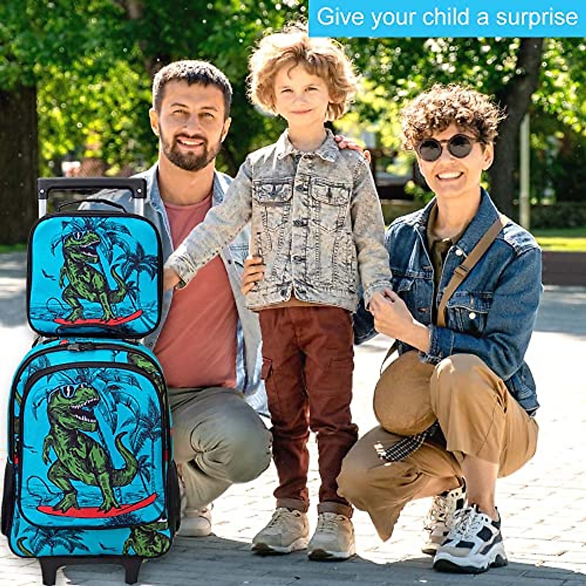 3PCS Rolling Backpack for Boys, Kids Roller Wheels Bookbag, Wheeled School Bag with Lunch Bag - Dinosaur