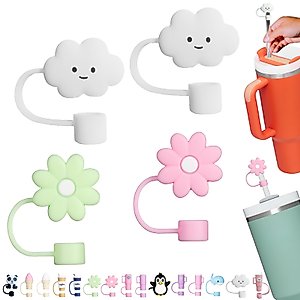 4-Pack Straw Caps for Stanley Cup,Silicone Straw Cover fits Stanley 0.4 Inch/10 MM Straws, Reusable Straw Toppers for Stanley Cup Accessories, Food Grade Drinking Straw Cap,2Flower+2Cloud