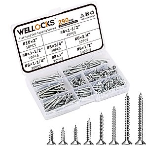 WELLOCKS Wood Screws 290 PCS #6#8#10 Metal Drywall Screws Assortment Upgrade Thicken Box Carbon Steel Flat Head Self Tapping Screw Kit with Handy Storage Box for Homemade Repair Woodwork(D001)