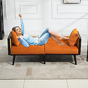 Lin-Utrend Velvet Loveseat Sofa with Rattan Armrest,61" Convertible Futon Sofa Bed,Sleeper Sofa Couch Loveseat for Small Space,Living Room,Apartment