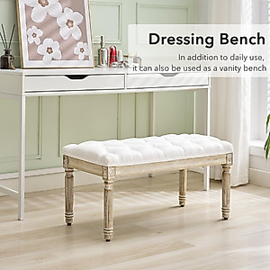 LOULENS French Vintage Bench, Linen Fabric Entryway Bench, Upholstered Tufted End of Bed Bench with Brushed Wood Legs, White