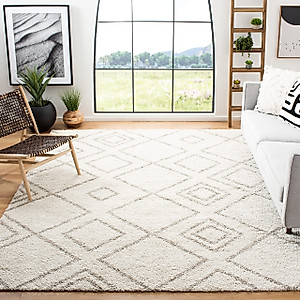 SAFAVIEH Arizona Shag Collection Area Rug - 9' x 12', Ivory & Beige, Moroccan Diamond Design, Non-Shedding & Easy Care, 1.6-inch Thick Ideal for High Traffic Areas in Living Room, Bedroom (ASG744A)