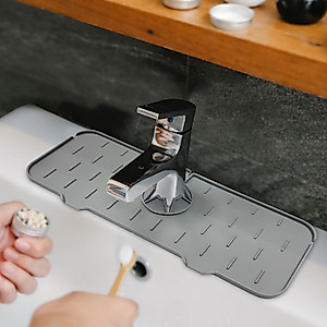 Silicone Faucet Handle Drip Catcher Tray, Kitchen Guard Silicone Sink Mat and Protectors, Sink Water Splash Guard Behind Faucet, Silicone Pads for Kitchen, Bathroom and RVs(Grey)