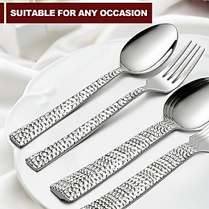 E-far 24-Piece Hammered Forks and Spoons Silverware Set, Stainless Steel Square 12 Dinner Forks and 12 Dinner Spoons, Modern Metal Flatware Cutlery for Kitchen and Restaurant, Dishwasher Safe-7.9 Inch
