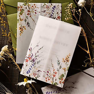 Puremigo 50 Pack Wildflower Printed Pre-Folded Vellum Jackets for 5x7 Invitations - 115GSM Vellum Paper 5x7 Jackets - Vellum Wedding Invitations Wraps - Transparent Wedding Invitations Jacket