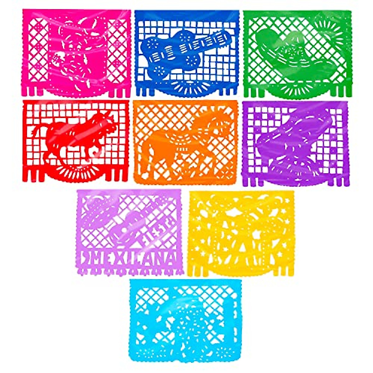 OLÉ RICO - Mariachi Banner, Plastic Papel Picado Banner, Mexican Party Banner, Mexican Themed Party Decorations, Fiesta Party Decorations, Authentic Mexican Decorations, 16 x 13 in 16 ft. Long, 10 Count (Pack of 10)