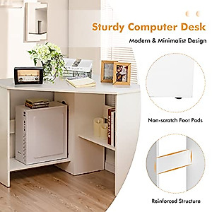 COSTWAY Corner Computer Desk, Space-Saving Triangular Writing Desk w/ 2 Storage Shelves & 2 Cable Holes, Multi-Functional Console Table for Small Space in Home Office, Living Room, Bedroom (White)