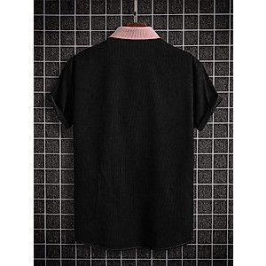 Milumia Men's Casual Button Up Shirt Pocket Short Sleeve Colorblock Blouse Tops Pink and Black Large