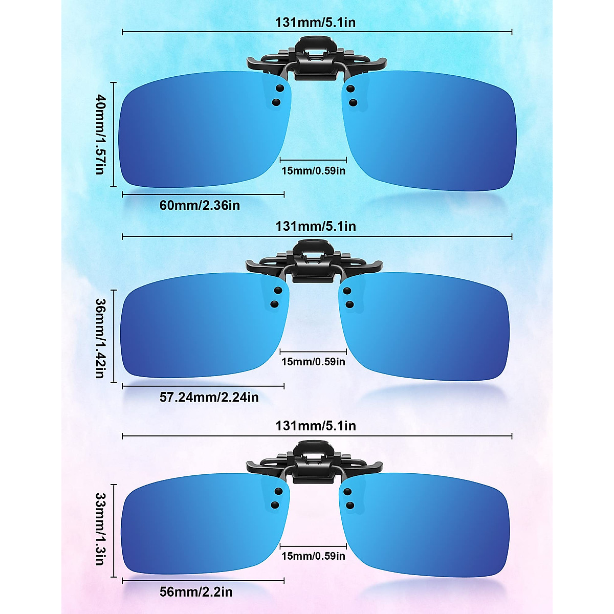 Frienda 5 Pairs Polarized Clip On Sunglasses Rimless Flip Up Anti Glare Driving Glasses (Various Color,2.24 x 1.42 Inch)
