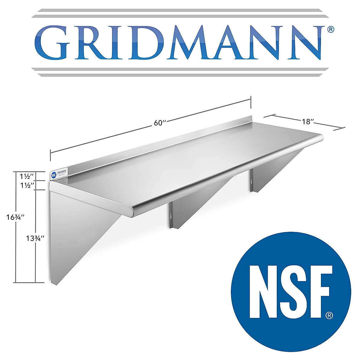 GRIDMANN 18" x 60" Stainless Steel Wall Mount Shelf with Backsplash, Commercial Grade - NSF Certified 18 Gauge Shelving for Restaurant, Kitchen, Utility Room, Garage