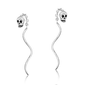 AeraVida Tiny Skull Chain Threader Spiral Halloween Sterling Silver Earrings, 0.11x0.15 inch