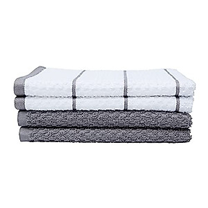 Amazon Basics 100% Cotton, Soft & Absorbent, Popcorn Texture Terry Kitchen Dish Towels, 28"L x 16"W, Grey Stripe, Pack of 4