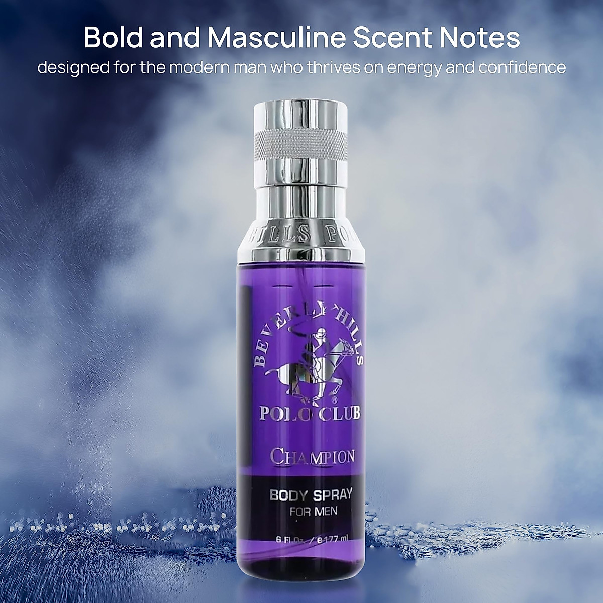 Beverly Hills Polo Club Body Spray for Men - BHPC Champion - Notes of Vanilla, Lily, Oakmoss & Patchouli - Long Lasting Body Mist Cologne Scent - Ideal Gift for Him, 6oz