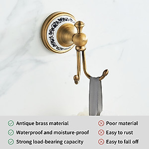 PEONYBATH Antique Bronze Brass Bath Towel Hooks, Wall Mounted Bathroom Hardware Accessories,Porcelain Design
