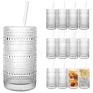 Dingerjar 2024 Upgraded Large Capacity 16 oz/480 ml Hobnail Glasses Drinking Set of 12 - Heavy Vintage Glassware