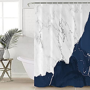 Sabolny Marble Navy Blue 4Pcs Bath Set Home Decor, Bathroom Waterproof Shower Curtain with Hook, Large Runner Rugs, Toilet Lid Cover and U-Shaped Bath Mat, 66"x72" Aesthetic White Gray Modern Silver