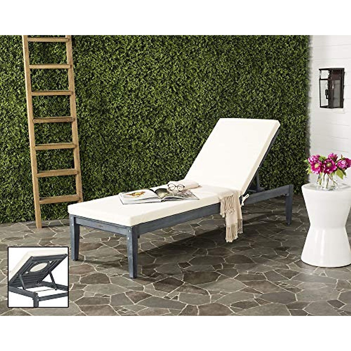 SAFAVIEH Outdoor Collection Montclair Natural Solid Wood/Beige Cushion Adjustable Chaise Lounge Chair (PAT6731A)