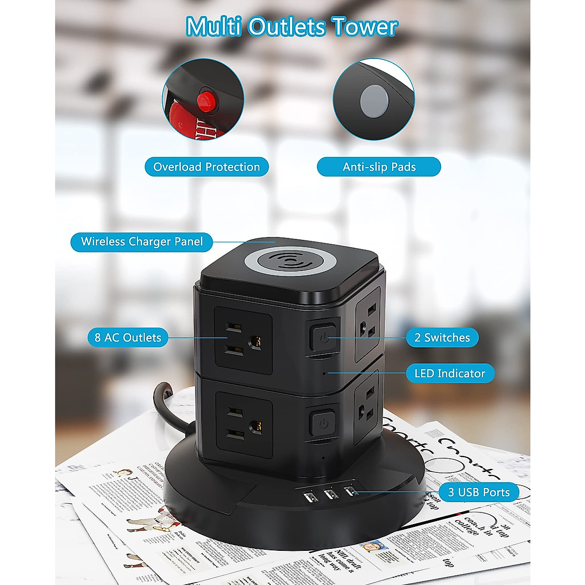 Power Strip Tower Surge Protector, Extension Tower with Wireless Charging, Vertical Charging Station with 8 Plug 3 USB Ports, for Home Office Hotel Dorm,Black