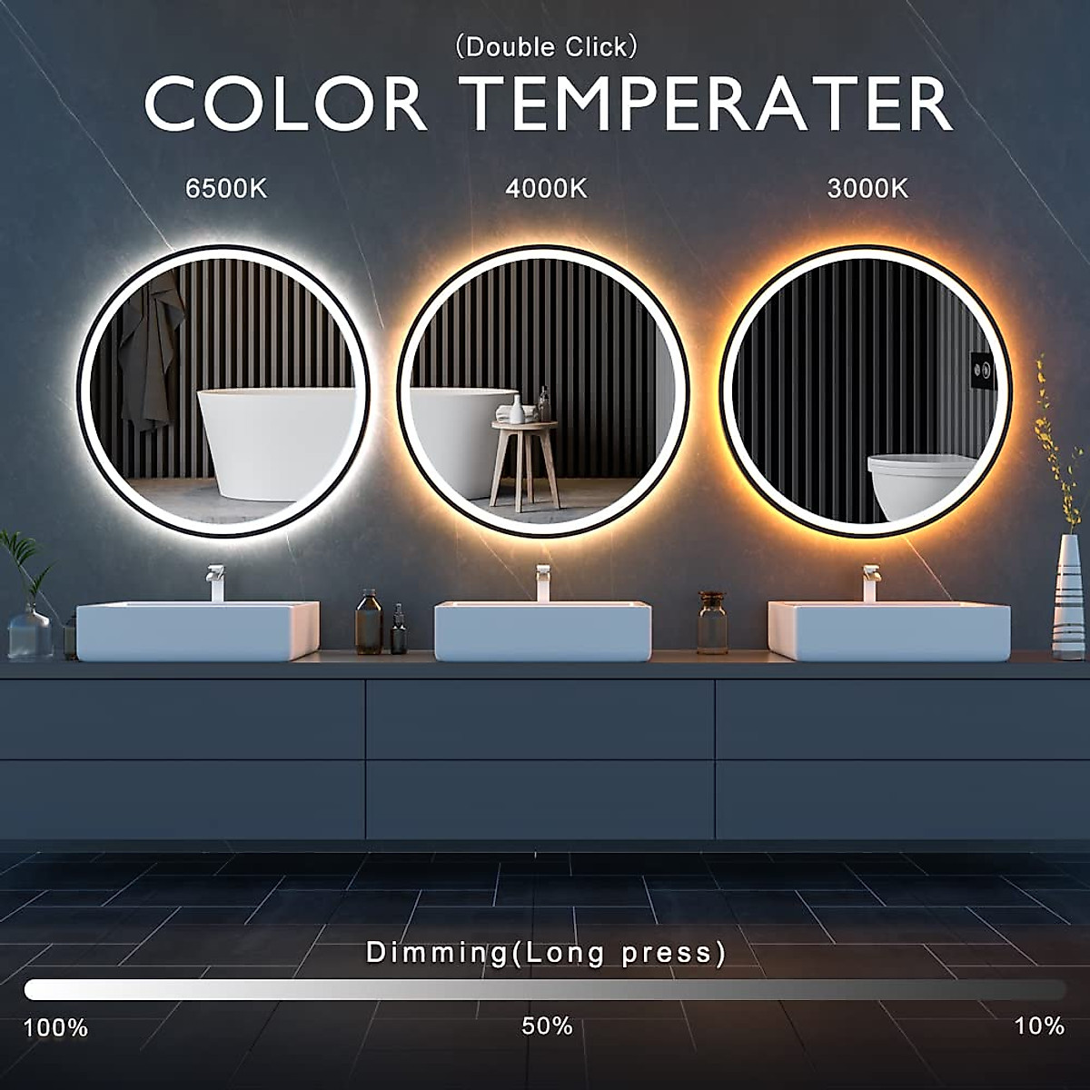 GANPE LED Sensor Mirror, 28 inch Round Human Body Induction, Black Framed Vanity Mirror, Illuminated Dimmable Anti Fog IP44 Waterproof Bathroom Wall Mounted Blacklit Mirror with Lights