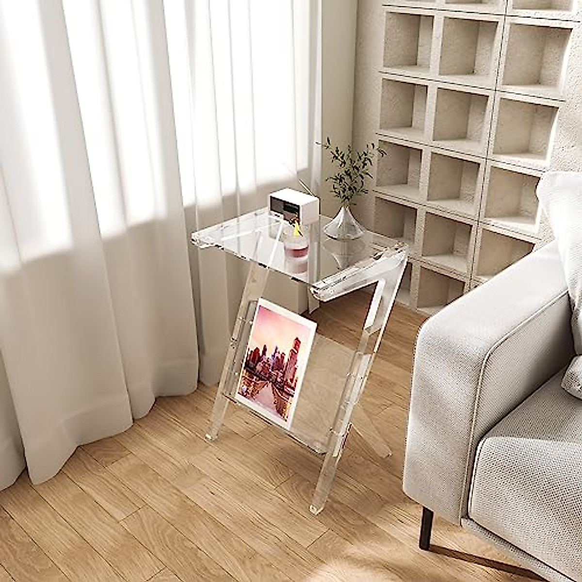 Eglaf Acrylic Side Table - Modern End Table with Magazine Holder - Clear Nightstand Bedside Table for Living Room, Bedroom, Small Space -11.4'' D x 15.4'' W x 23.1'' H, Z-Shaped