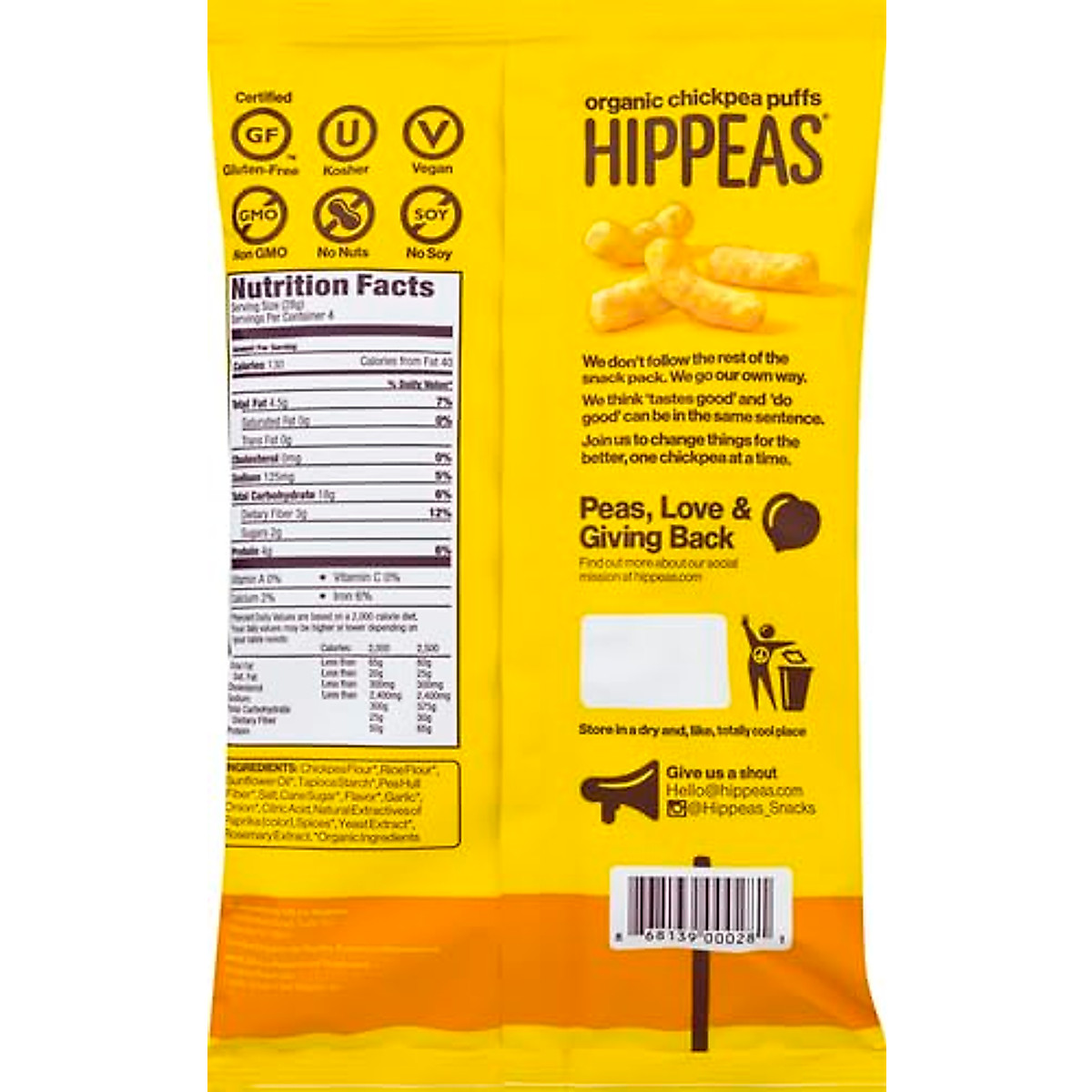 Hippeas Organic Chickpea Puffs, Vegan Nacho Vibes, 4 Ounce (Pack of 1), 4g Protein, 3g Fiber, Vegan, Gluten-Free, Crunchy, Plant Protein Snacks