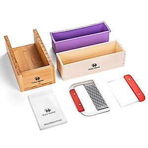 Soap Molds Making Kit with Wooden Cutter Measuring Box (44oz Purple Silicone) | for Adults, Melt and Pour or Cold Process, 100pc Bags, Stainless Steel Wavy & Straight Slicer