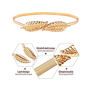 2 Pieces Women's Metal Chain Leaves Belt Skinny Elastic Stretchy Decorative Waistband Adjustable Interlock Buckle for Dress Jeans, Skirts and Pants, Silver and Gold