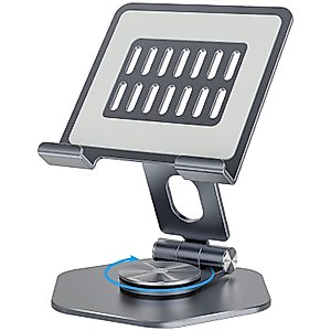 SOJUNER Tablet Stand Holder for Desk, Swivel iPad Stand with 360 Rotating Base, Aluminum Foldable Desktop Stand Holder Compatible with All Tablet Such as iPad Pro 12.9,11,10.5,9.7, Grey