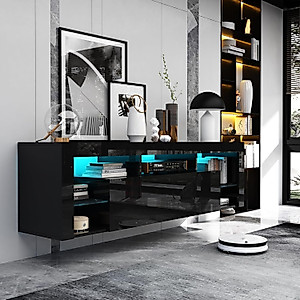 Gitua Floating TV Stand Wall Mounted, High Gloss LED Floating Entertainment Center with Storage&Adjustable Glass Shelf, TV Stand for 65 Inch TV, Gaming Media Center Console Table with Lights, Black
