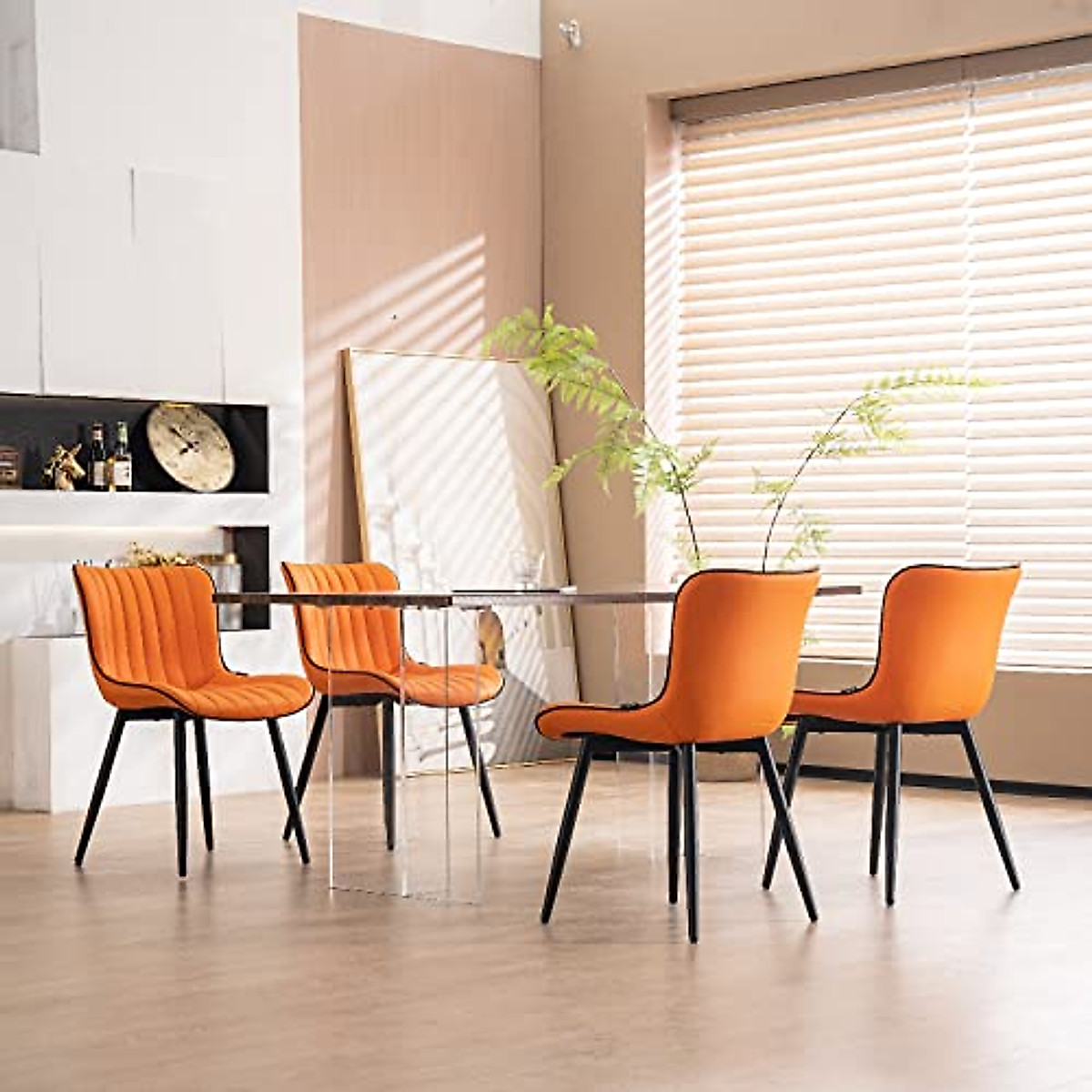 YOUNUOKE Dining Chairs Set of 2,Upholstered Mid Century Modern Chair Armless Faux Leather Accent Chairs with Backrest Metal Legs and Adjustable Feet for Kitchen Living Room Bedrooms,Orange
