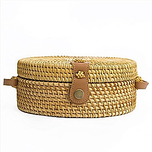 Natural NEO Handwoven Round Rattan Bag Shoulder Leather Straps Natural Chic Hand
