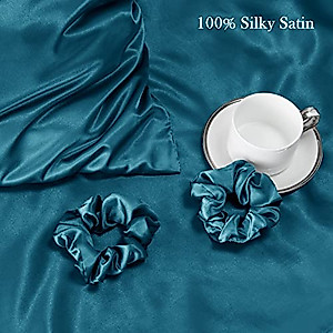 King Satin Pillowcase for Hair and Skin, King Silk Pillowcase 2 Pack, King Size Silk Pillowcase Set of 2 with Envelope Closure, Teal 20x36 inches & 2 Scrunchies by CJ&J HOME