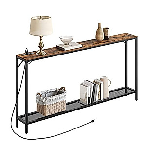 ALLOSWELL 63” Sofa Table with Power Outlets, 2-Tier Console Table with Charging Station, Couch Table, Narrow Long Behind Sofa Table, for Living Room, Entryway, Foyer, Rustic Brown and Black CTHR22E01