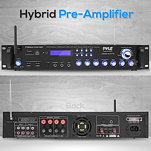 Pyle 3000W Bluetooth Hybrid Speaker-High-Powered Pre-Amplifier w/ 2 VHF Wireless Handheld Microphones, MP3/Aux/USB/SD Readers/FM Radio/Rack Mount Design w/LED Backlight PWMA3003BT