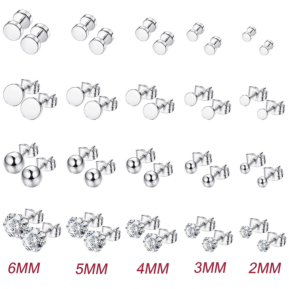 LOYALLOOK 40Pairs Silver Black Tone Stainless Steel Stud Earring for Men Women CZ Round Ball Earring Piercing Set,2-6mm