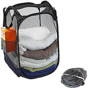 2 Pack - SimpleHouseware Mesh Pop-Up Laundry Hamper Basket with Side Pocket, Black