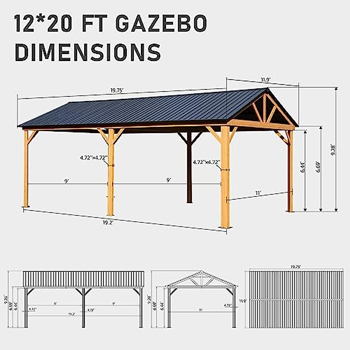 Domi 12' x 20' Hardtop Gazebo with Galvanized Steel Gable Roof, Pergola with Wood-Looking Aluminum Frame, Permanent Pavilion Outdoor Gazebo with Ceiling Hook for Deck Patio Lawn Yard Backyard Grill