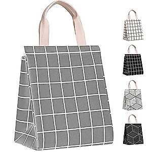HOMESPON Reusable Lunch Bag Insulated Lunch Box Canvas Fabric with Aluminum Foil, Lunch Tote Handbag for Women,Men,School, Office (Grey Plaid)
