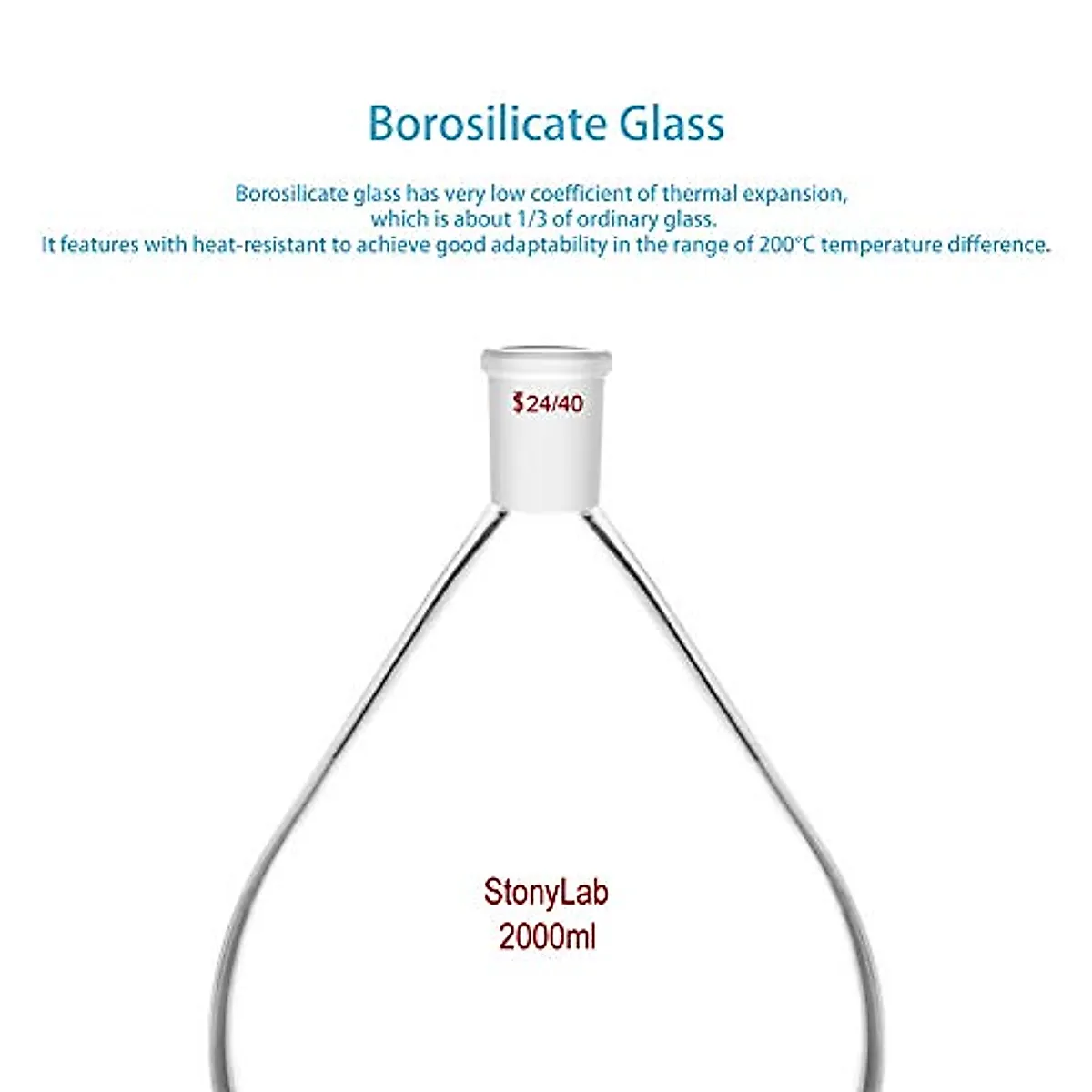 StonyLab Borosilicate Single Neck Glass Heavy Wall Recovery Flask Rotary Evaporator Flask, with 24/40 Outer Joint (2L)