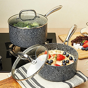 HLFRG Saucepan Set with Lid, Nonstick 2Qt & 3Qt Sauce Pan Set with Lid, Small Pot with Lid, Natural Granite Nonstick Saucepan Set, Small Sauce Pots, Grey Pot Set - 2Qt & 3Qt