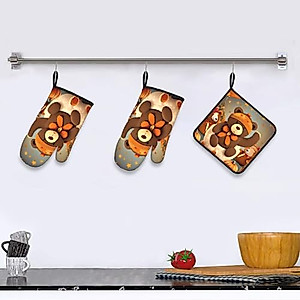 Dancing Thanksgiving Bear Oven Mitts and Pot Holders Setâ€“Ultimate Heat Resistant Set for Kitchen and Dining