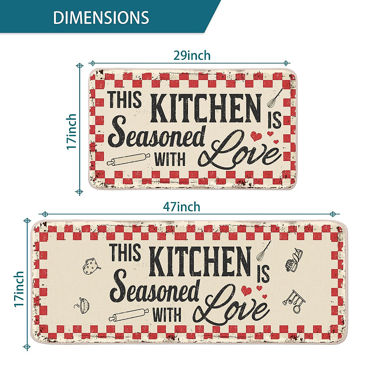 YOUWOUS The Kitchen is Seasoned with Love Kitchen Mats Set of 2-17x29 and 17x47 Inch, Decorative Non Slip Backing Floor Mat for Home Kitchen Red