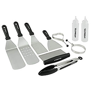 Permasteel Griddle Accessories Kit for Flat Top Grills | 10-Pc Griddle Tool Set for Outdoor Griddle, PA-12003, Spatulas, Tong, Turner, Grill Scraper, Egg Rings, Squeeze Bottles