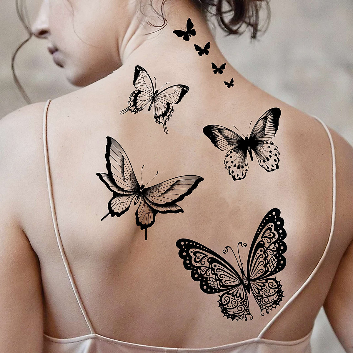 COKTAK 6 Sheets Large Black Butterfly Temporary Tattoos For Women Boobs Girls Neck Adults, Sexy Realistic Butterfly Temp Tattoos Sticker Back Waist, 3D Fake Tattoos That Look Real And Last Long
