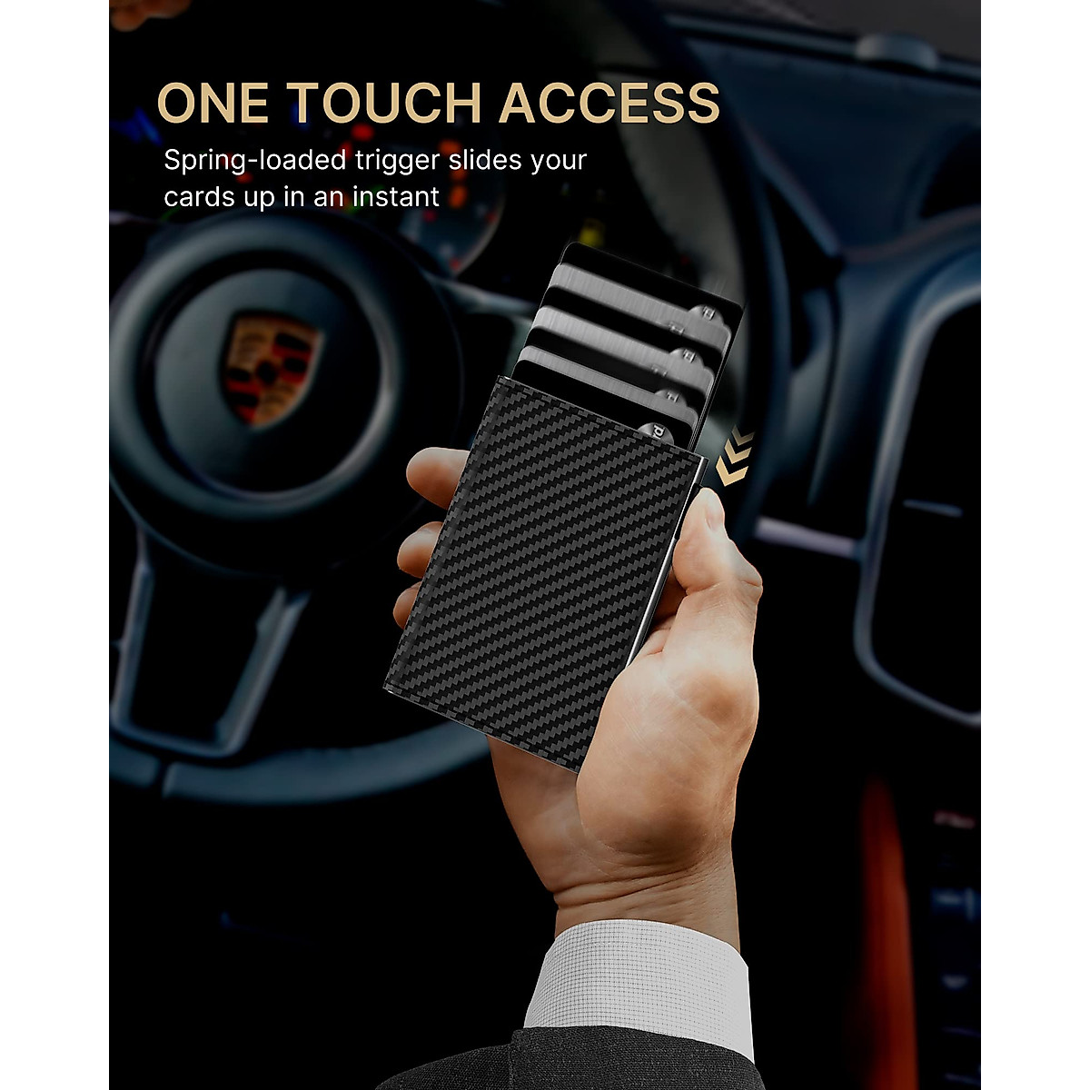 typecase Mens Wallet Card Holder: Pop Up Aluminum Case, Genuine Leather, Smart, RFID Blocking, Slim, Minimalist, Front Pocket - 9-14 Card Capacity | ID Window | Cash Slot (Carbon Fiber)