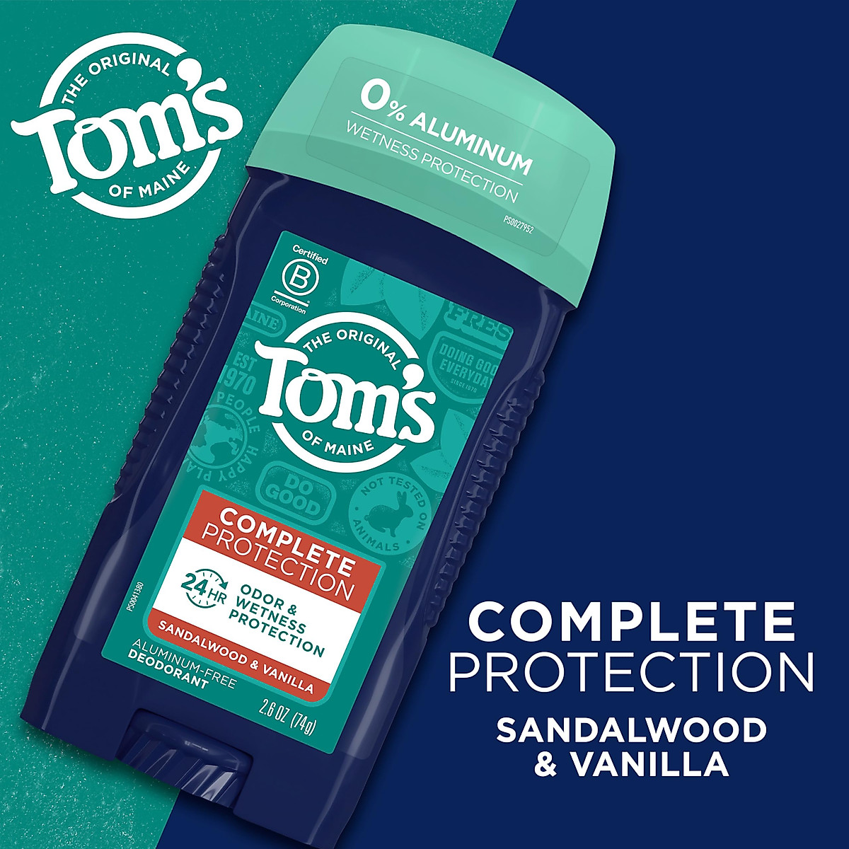 Tom's of Maine Complete Protection Aluminum-Free Natural Deodorant for Men, Sandalwood & Vanilla, 2.6 oz