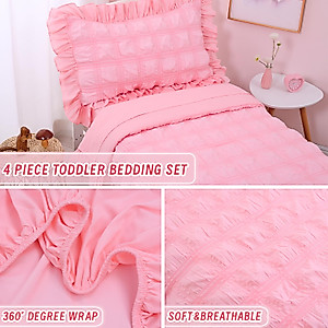 Cloele 4 Pieces Toddler Bedding Set for Girls - Solid Seersucker Toddler Sheet Set with Ruffle Fringe Includes Quilt Fitted Sheet Flat Sheet Pillowcase - Girls Pink Toddler Comforter & Sheet Set